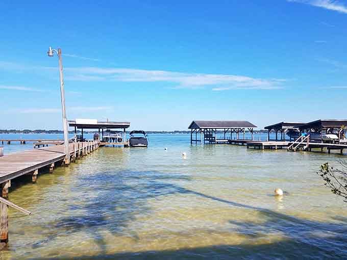 Clear shallow waters lapping at the boardwalk invite you to wade in without a single hesitation.