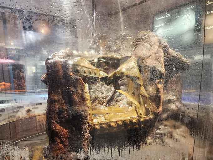 The ship's stove looks like it survived quite a journey before ending up on display here.