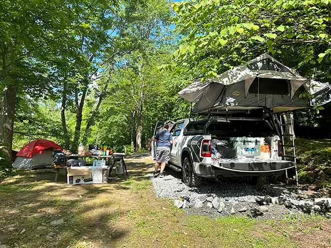 Campsite setup complete with rooftop tent because some folks take their outdoor comfort game very seriously indeed.
