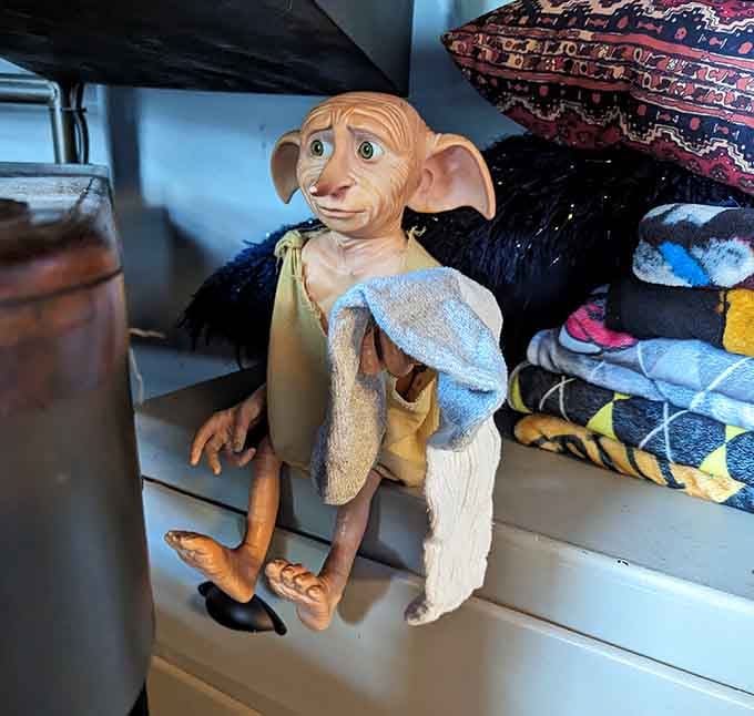 Dobby guards the house scarves, reminding guests that free elves still appreciate good organizational skills and tidiness.