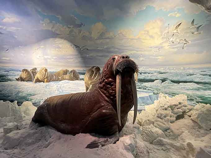 Walruses lounging on Arctic ice, their tusks gleaming under museum lighting that rivals any coastal aquarium.