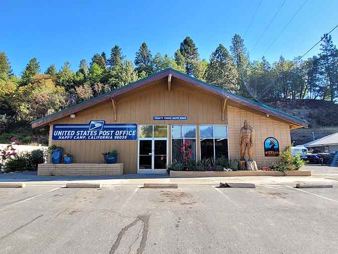 The post office stands ready to serve, complete with patriotic charm and that distinctive small-town friendliness.