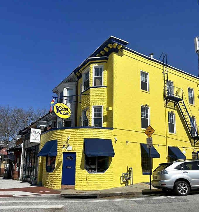 Bright as a sunny day, this corner pub's bold exterior matches the big, bold flavors of their beloved crab cakes.