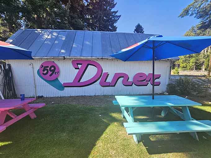 Bright picnic tables on the lawn let you enjoy mountain air with your burger, because outdoor dining makes everything taste better.