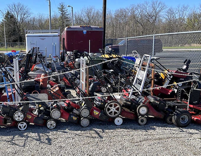 Lawn mowers gathered together like they're having their own convention, ready to tackle yards across southeastern Wisconsin.