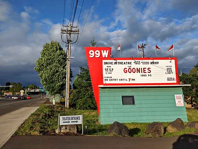 That vintage marquee announcing "The Goonies" is basically screaming that tonight's going to be a good night, no question about it.