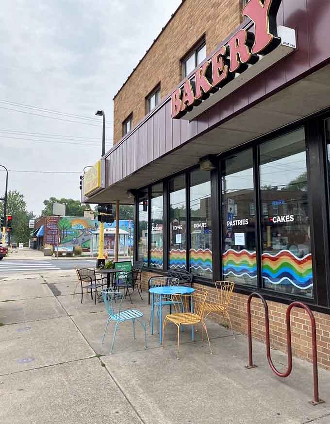 Colorful outdoor seating that's perfect for enjoying your pastries while watching the Kingfield neighborhood come alive each morning.