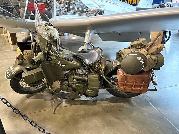 A 1942 Harley-Davidson military motorcycle reminds visitors that not everything at this museum flew through the skies above.