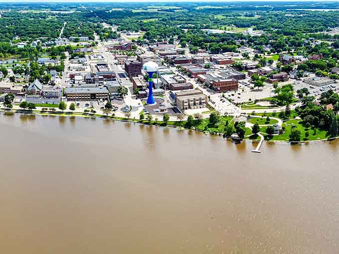 The aerial view reveals a town that grew organically around its lakes instead of paving paradise.