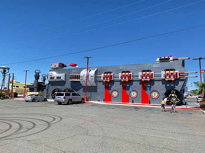 The parking lot view reveals the full glory of this desert oasis where jerky meets extraterrestrial architectural ambition.
