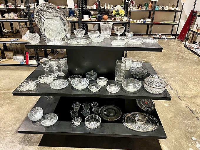 Crystal and glassware displayed like jewels, proving elegance doesn't require breaking the bank.