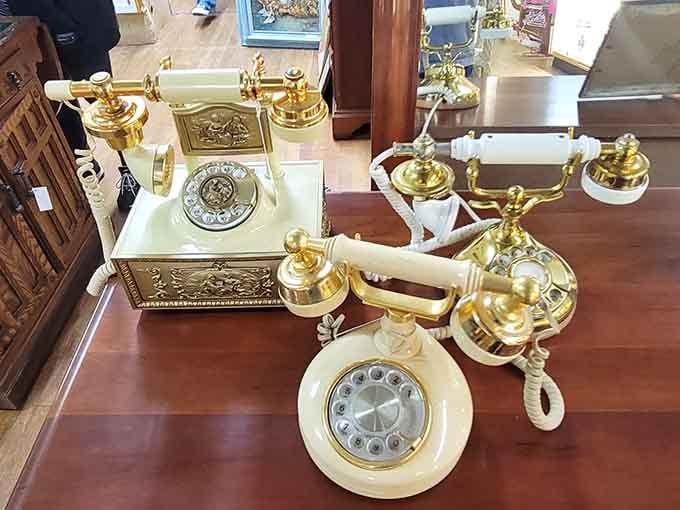 Rotary phones in pristine condition, reminding us when calling someone required actual effort and intention.
