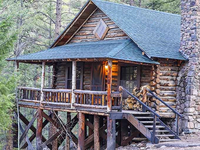 Rainbow Trout Ranch's log cabin glows warmly against the forest, looking exactly like where Goldilocks would book her vacation.