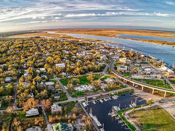 From above, Apalachicola reveals its perfect blend of water, trees, and a downtown worth exploring thoroughly.
