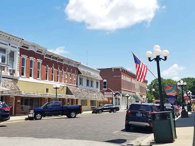 Those vintage lampposts and an American flag remind you that some places still honor tradition without feeling stuffy.