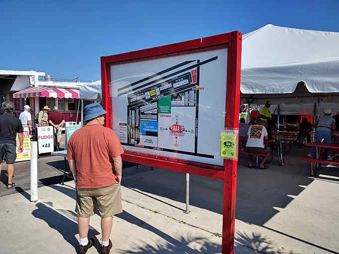 The market directory standing ready to guide confused shoppers through this glorious maze of commercial possibilities and hidden gems.