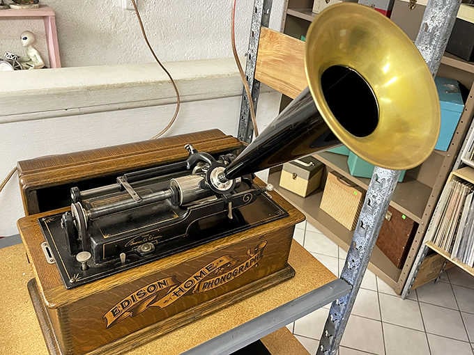 An Edison Home Phonograph stands as a reminder that vinyl is actually the new technology here.