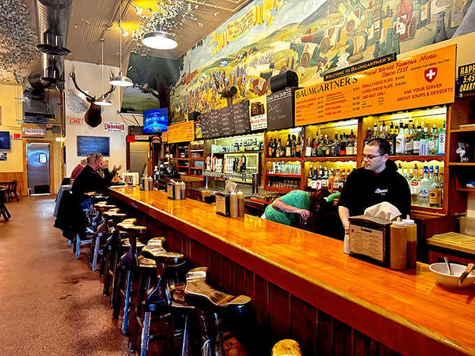 Pull up a stool at this gorgeous wooden bar where locals and visitors bond over cheese and cold beer.