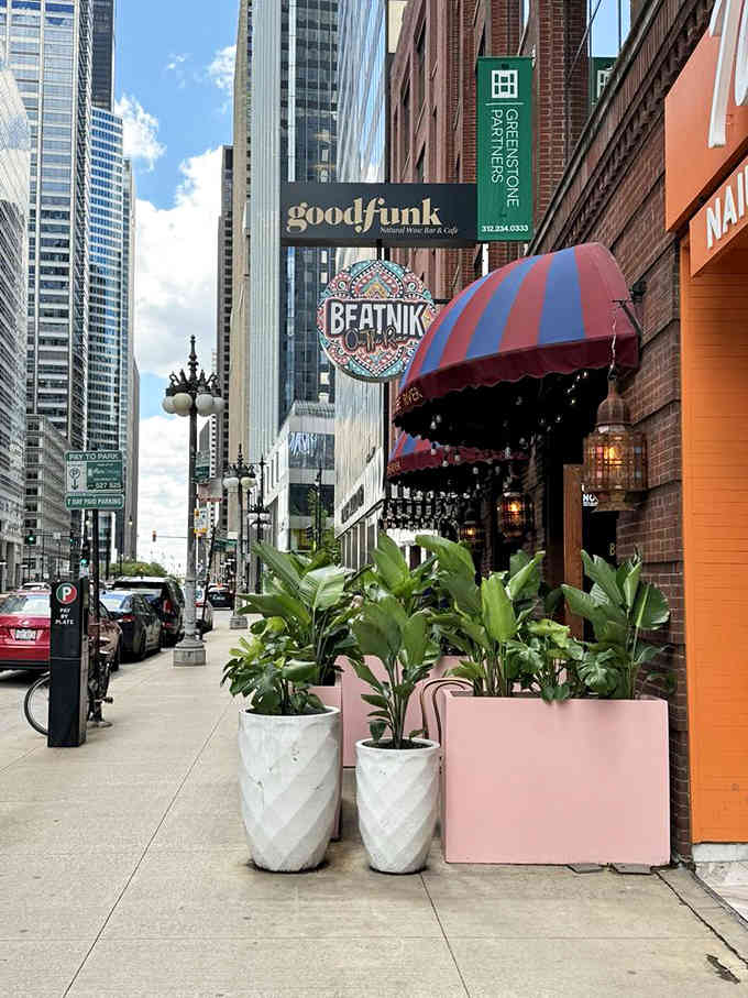 The entrance promises adventure with its potted palms and striped awning, like a bohemian oasis hiding in plain sight downtown.