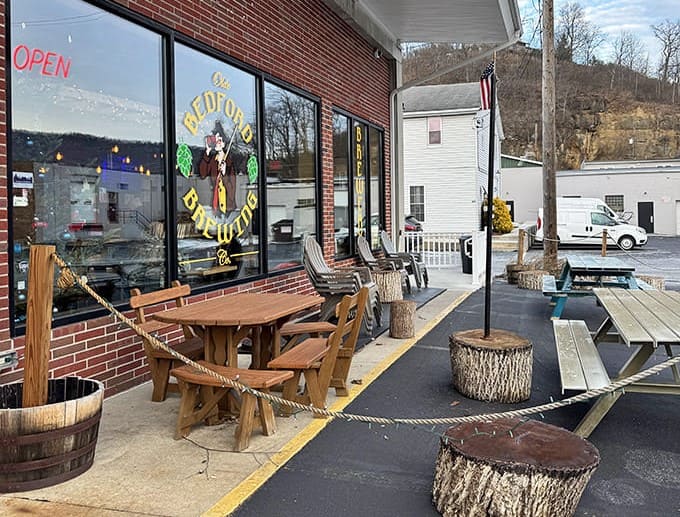 Olde Bedford Brewing Company's rustic outdoor seating invites you to savor craft beer the way nature intended.