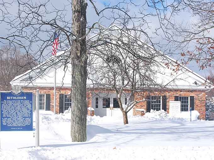 Winter transforms ordinary buildings into Currier and Ives prints, proving snow makes everything look like a greeting card come alive.