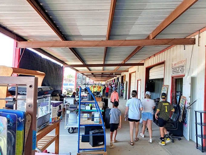 Families stroll the covered walkways together, proving treasure hunting is a sport for all ages and interests.