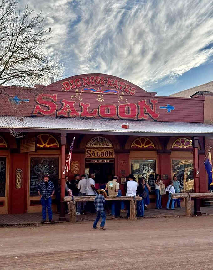 Folks gather outside this pink adobe beauty, drawn by the promise of cold drinks and hot food in historic surroundings.