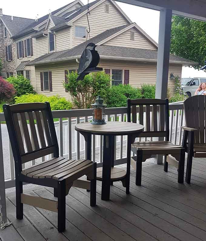 Perfect spot to enjoy your treats while watching buggies pass by like you're in a Norman Rockwell painting.