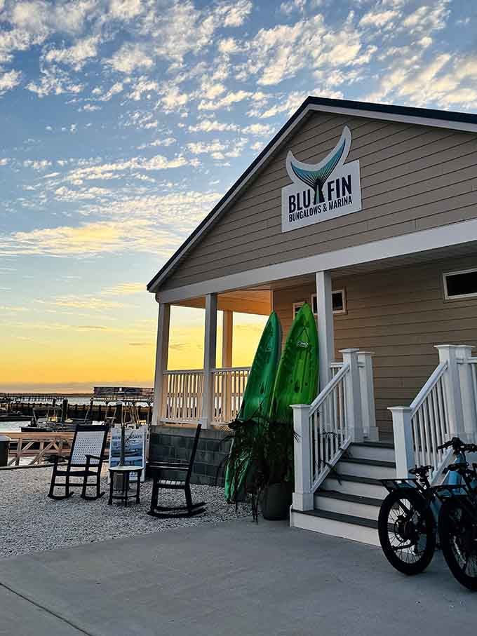 The BluFin office at sunset, where your floating adventure begins and vacation dreams become reality.