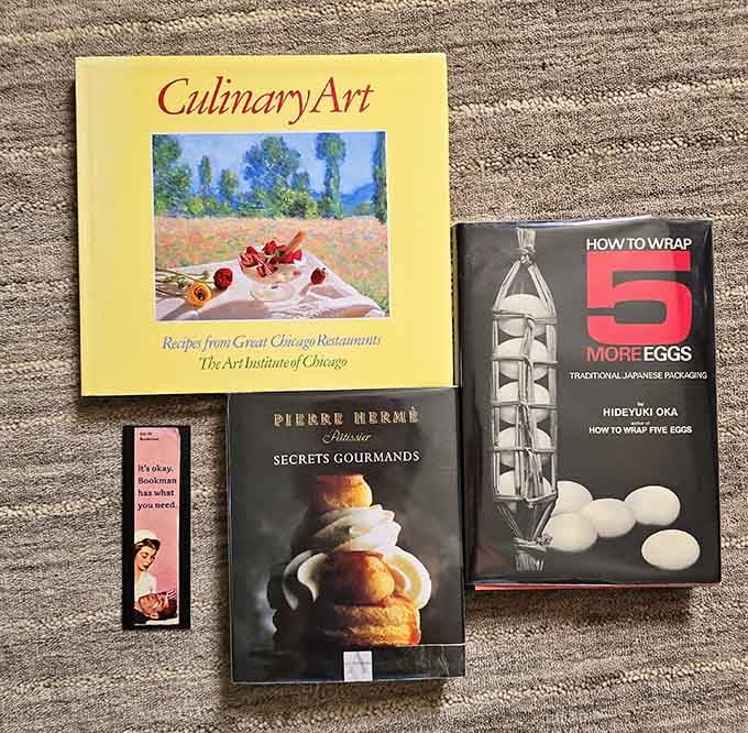 Culinary books ranging from Chicago restaurants to Japanese egg-wrapping techniques, because food obsession transcends all borders and common sense.