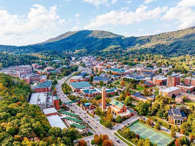 Aerial perspective reveals a town cradled by peaks, natural beauty that never charges a viewing fee.