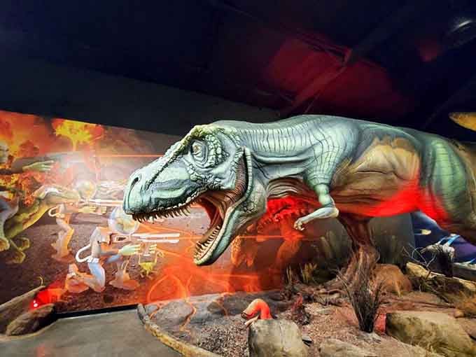 This T-Rex looks ready to settle the age-old debate: could dinosaurs actually breathe fire? (Spoiler: probably not, but it's cool anyway.)
