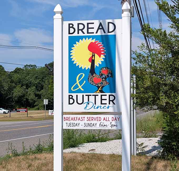 That cheerful rooster sign announces breakfast all day, which is exactly the kind of promise we need more of.