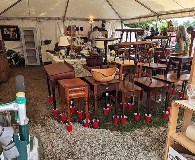 Vintage tables and furniture arranged like a showroom, proving good design never goes out of fashion completely.