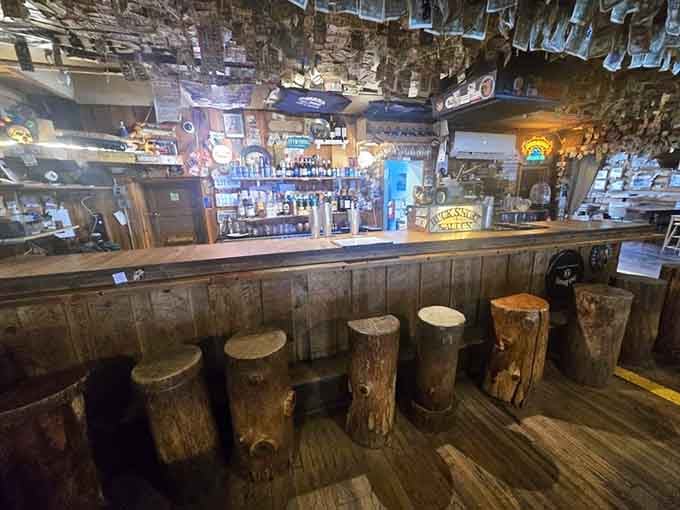 Log stump bar stools facing a well-stocked bar is where mountain hospitality meets serious thirst-quenching potential every single day.