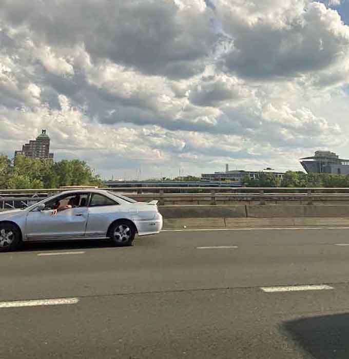 Even from a speeding car, the bridge commands attention&mdash;though you should probably keep your eyes on the road.