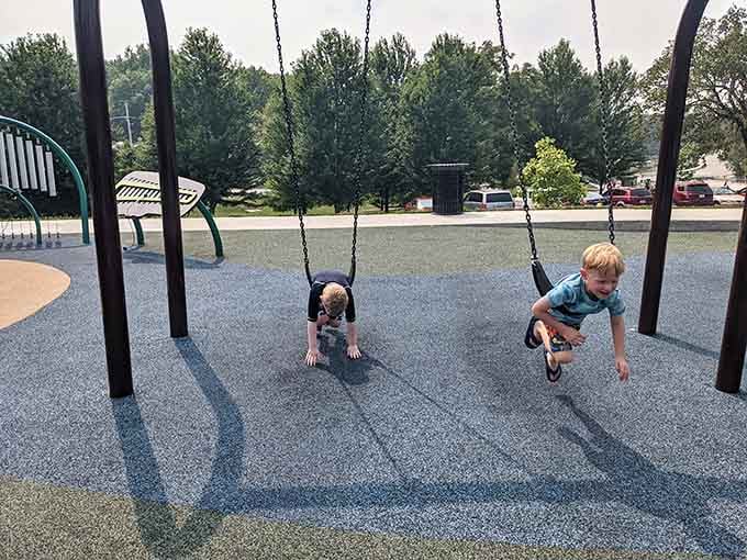 Swings where gravity becomes optional and every kid briefly believes they can touch the actual sky.