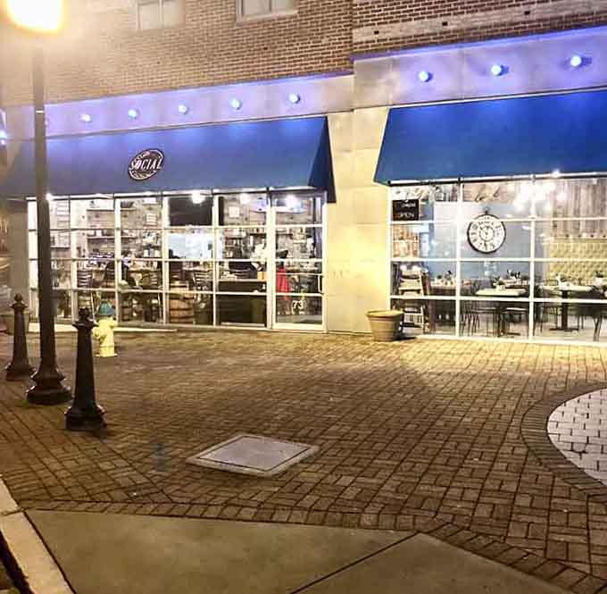 Even at night, Caffe Social glows with welcoming warmth, beckoning you inside for just one more hot chocolate before heading home.