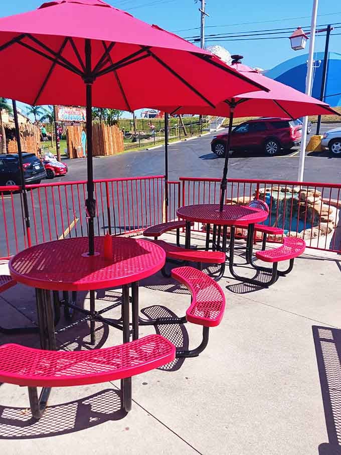 Outdoor seating with bright umbrellas for when you want your '50s experience with a side of fresh Missouri air.