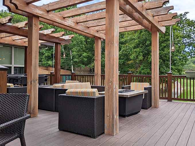Outdoor seating with a pergola overhead for when you want fresh air but still appreciate civilization's finer points.