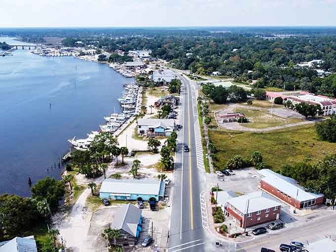 Carrabelle from the sky reveals a town that chose character over concrete and community over crowds every time.