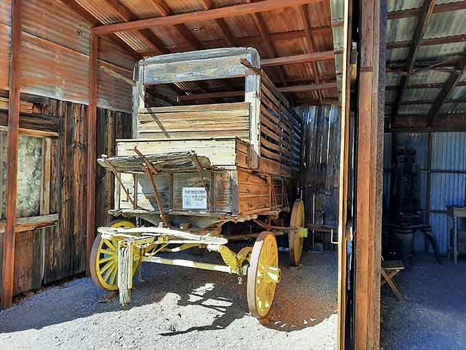 This beautifully preserved horse-drawn wagon once transported supplies across harsh terrain, no horsepower jokes necessary here, folks.