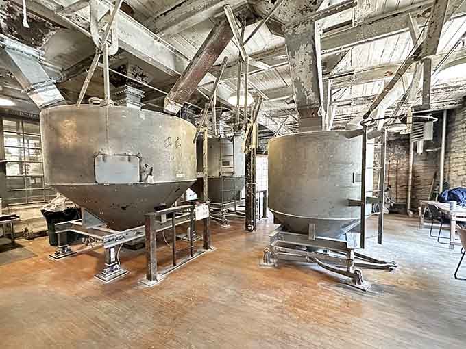Vintage grain equipment shows how they did things before automation, when distilling required more muscle and less technology.