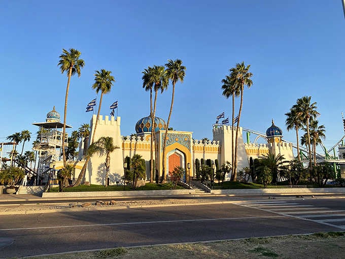 The castle facade stands proudly against the Phoenix skyline, a whimsical fortress of fun in the desert.