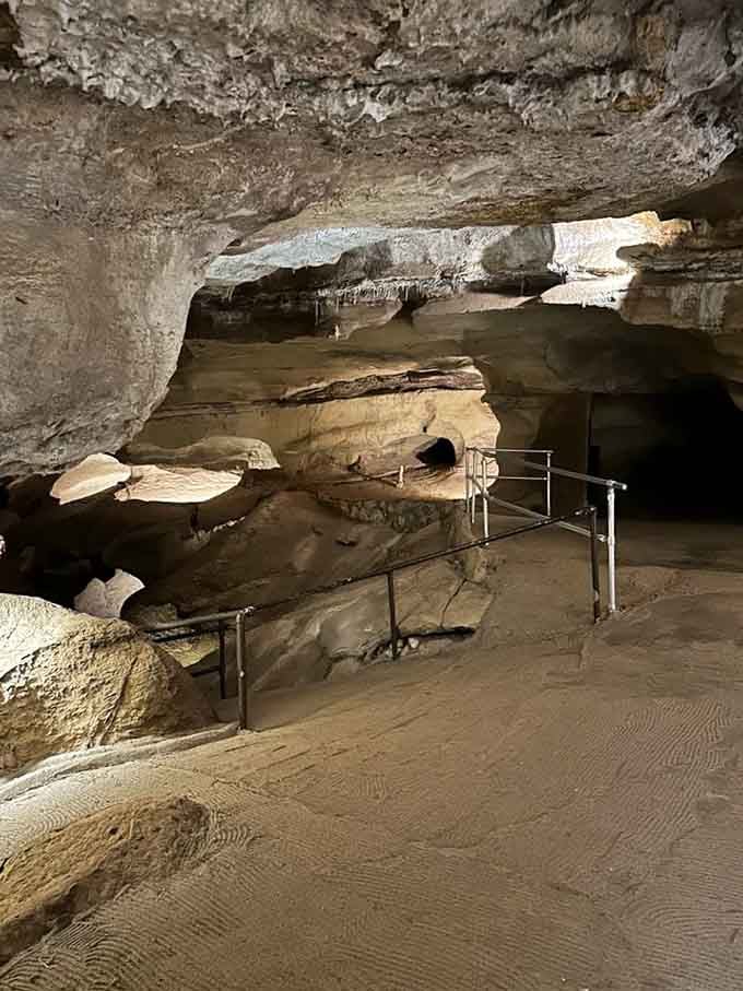 These metal railings are the only thing between you and becoming an unplanned part of the cave's history.