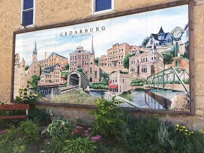 This mural captures Cedarburg's historic charm on a wall, like someone painted a love letter to the town's best features.