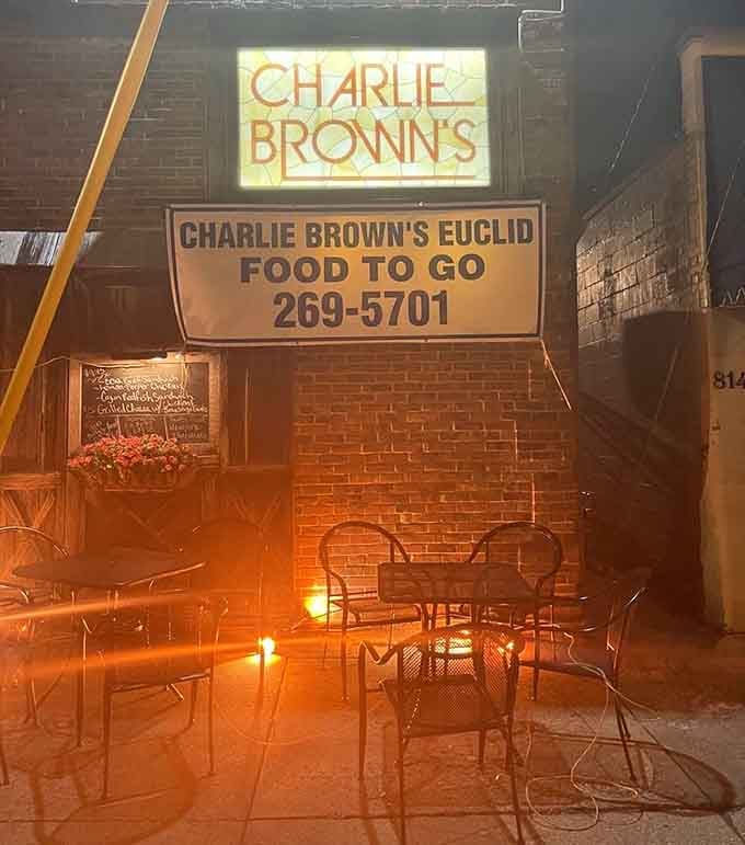 The patio glows invitingly at dusk, perfect for enjoying Kentucky evenings with good food and cold drinks.