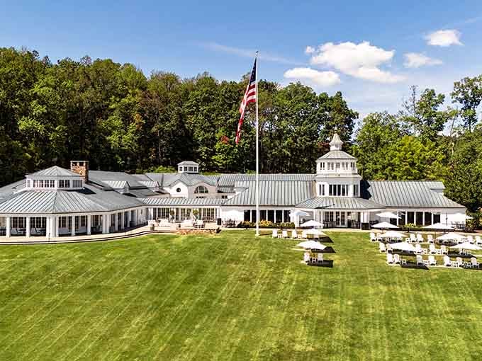 Sweeping lawns and elegant architecture at Trump Winery, where Virginia wine country puts on its most impressive Sunday best.