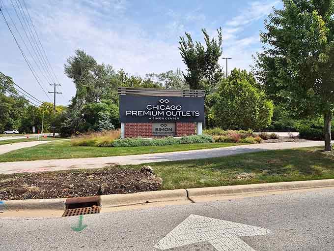 The Chicago Premium Outlets sign stands proud, technically in Aurora but who's checking geography when there are deals?