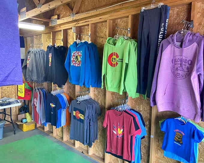 Colorado-themed hoodies hang ready for mountain adventures, because local pride shouldn't cost a fortune to wear.